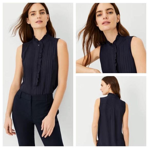 Ann Taylor | Tops | Ann Taylormedium Navy Tall Ruffle Pintucked Popover ...